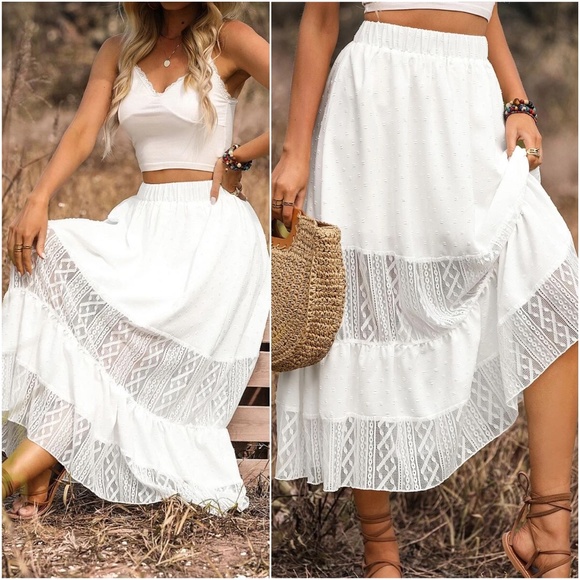 Skirts | Boho White Lace Ruffle Maxi Skirt | Poshmark